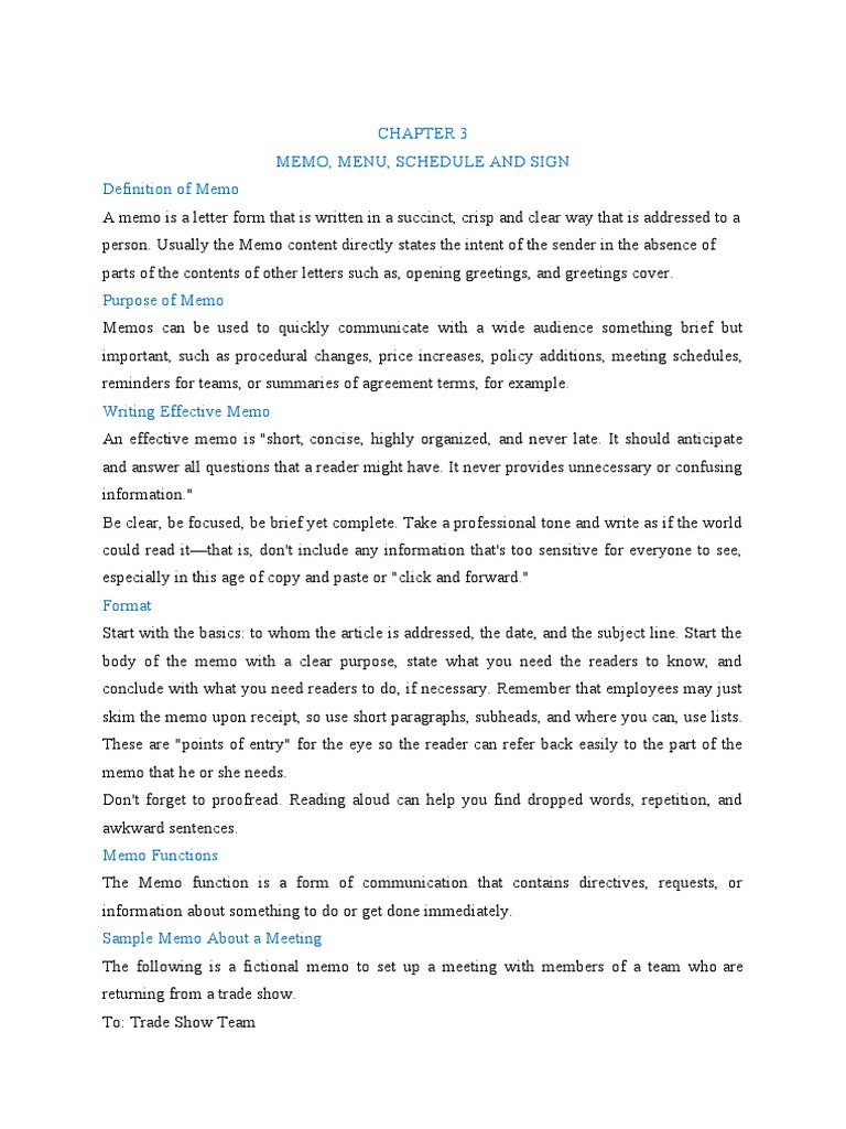 Chapter 3 Memo, Menu, Schedule and Sign | PDF | Menu | Restaurants