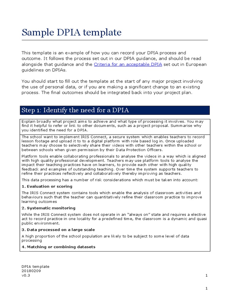 Sample DPIA Template: Step 1: Identify The Need For A DPIA | PDF | Teachers | Risk