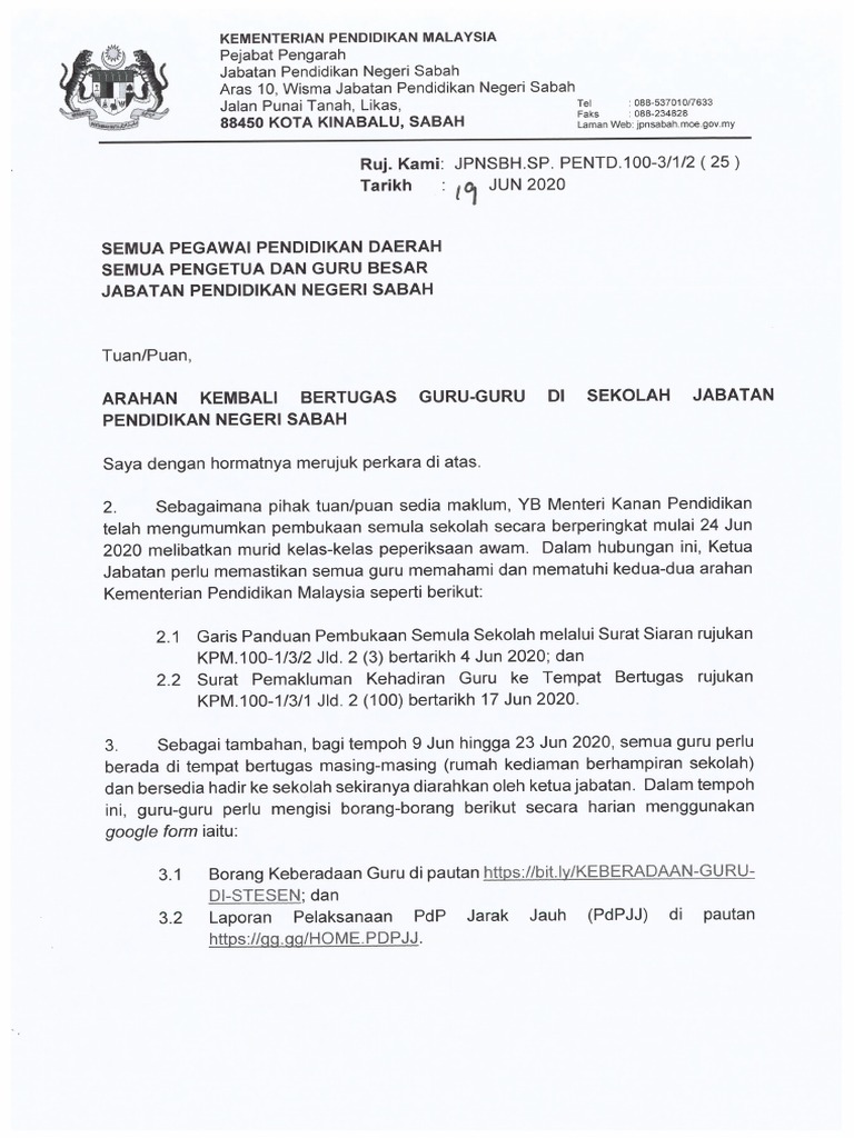 Surat Arahan Kembali Bertugas Guru Di Sekolah PDF | PDF