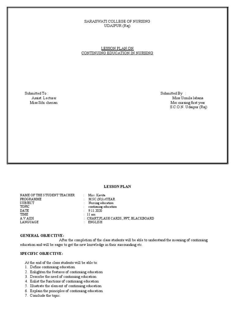 LESSON PLAN On Continuing Education | PDF | Nursing | Lecture