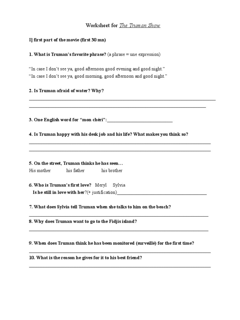 The Truman Show Worksheet and Questions | PDF
