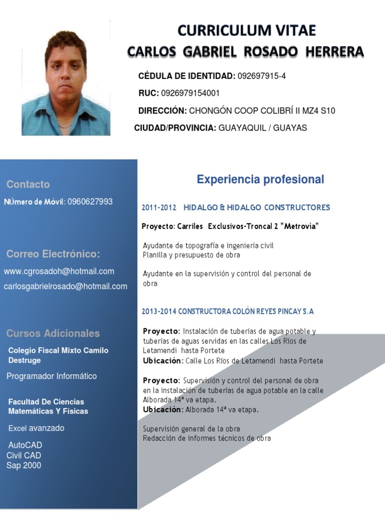 Curriculum Vitae Ing Carlos Rosado Herrera PDF | PDF | Ecuador | Ingeniero civil