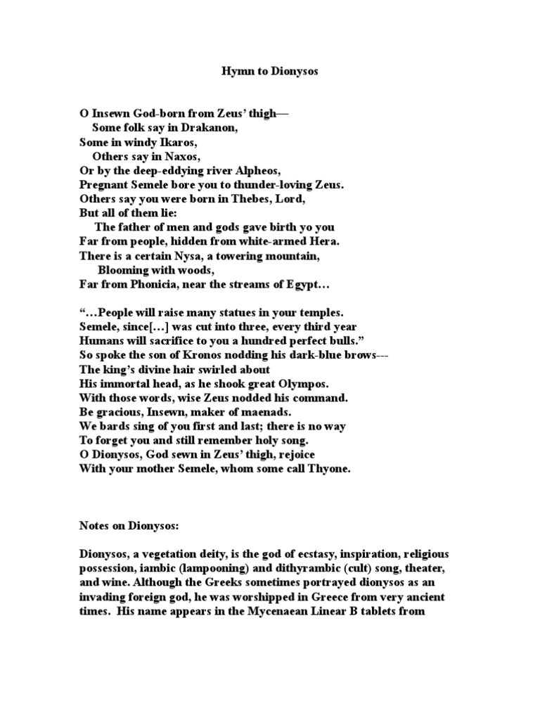 Hymn To Dionysos | PDF | Dionysus | Zeus