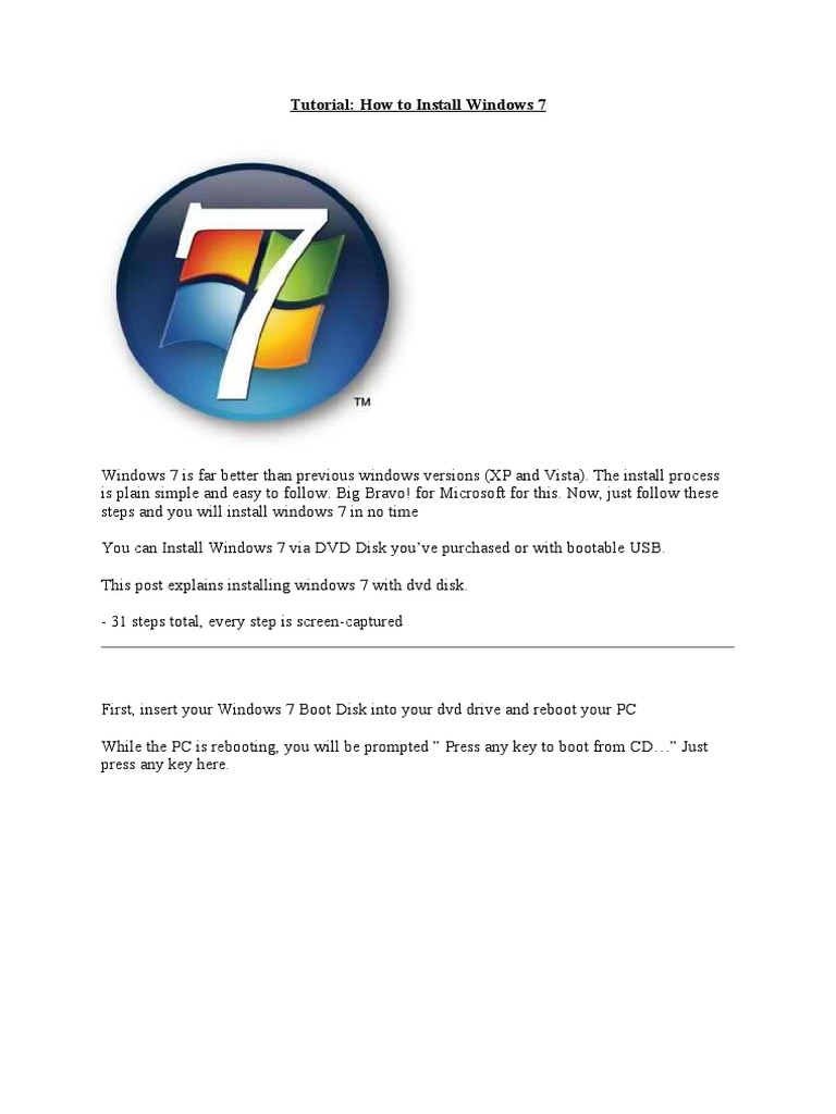A Step-by-Step Guide to Installing Windows 7: A 31-Step Process with Screenshots | PDF | Windows ...