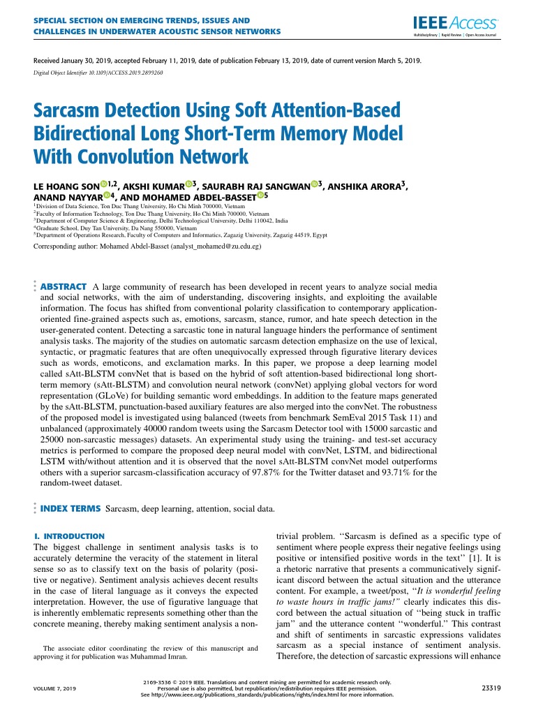 Sarcasm Detection Using Soft Attention-Based Bidirectional Long Short-Term Memory Model With ...