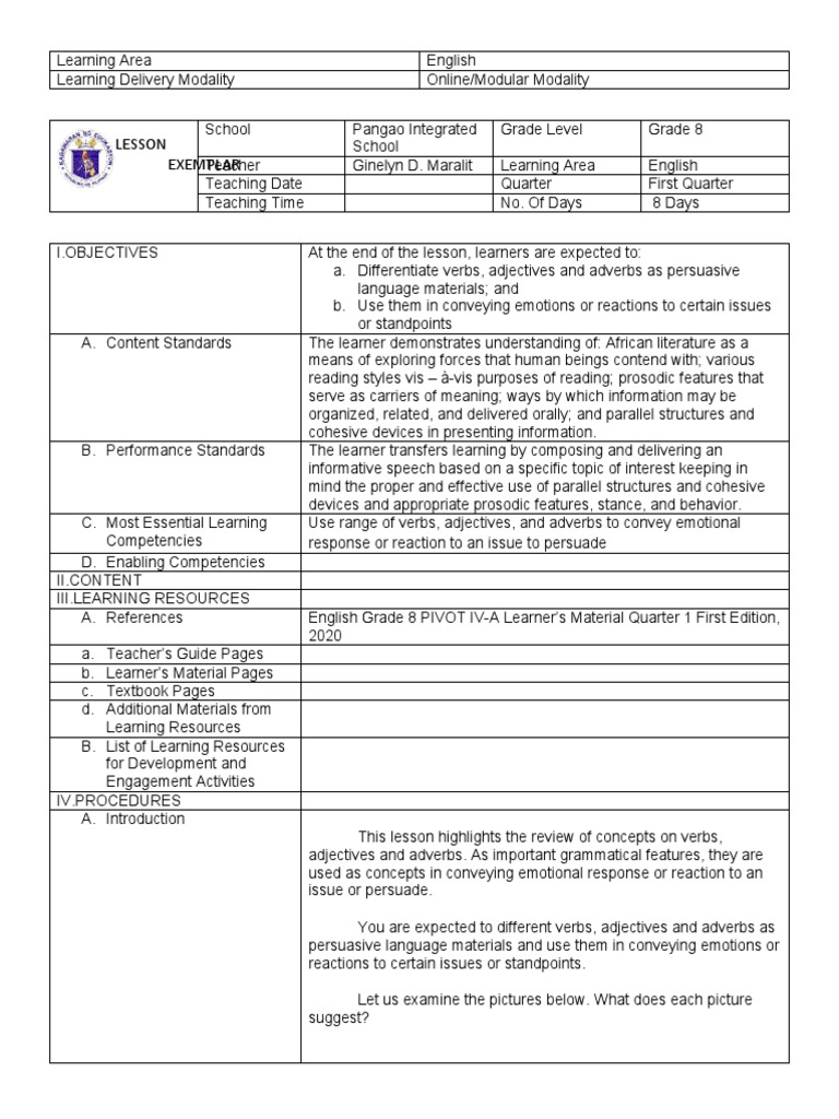 Using Verbs, Adjectives, and Adverbs to Persuade: A Lesson on Grammar ...