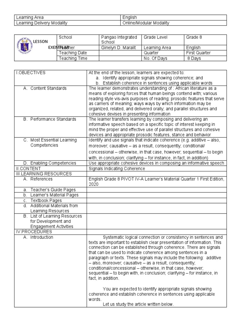 Establishing Coherence Through Transition Signals: An Exemplar Lesson ...