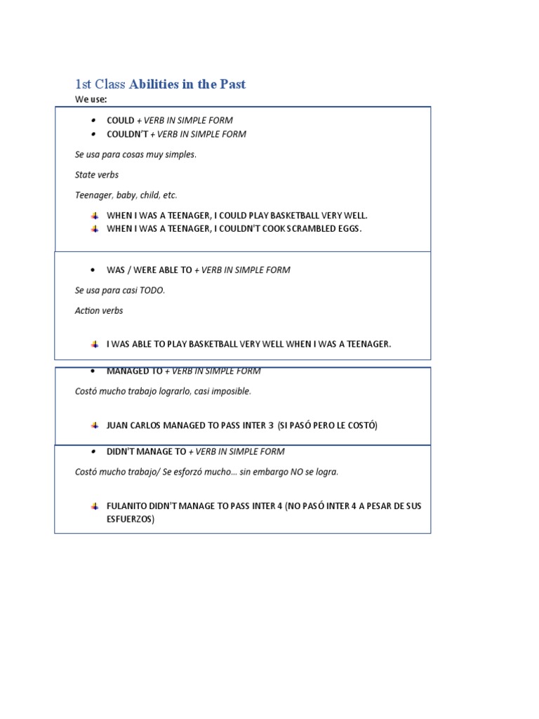 Past Tense Verbs for Describing Abilities & Actions | PDF | Verb ...