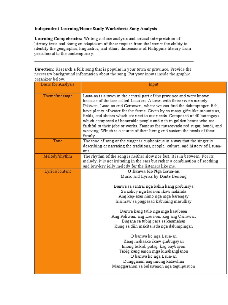 Independent Learning/Home Study Worksheet: Song Analysis Learning ...