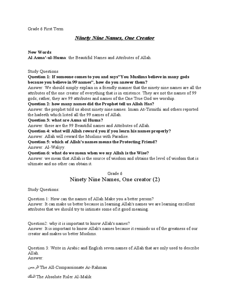 Ninety Nine Names, One Creator | PDF | Moses In Islam | Religious ...
