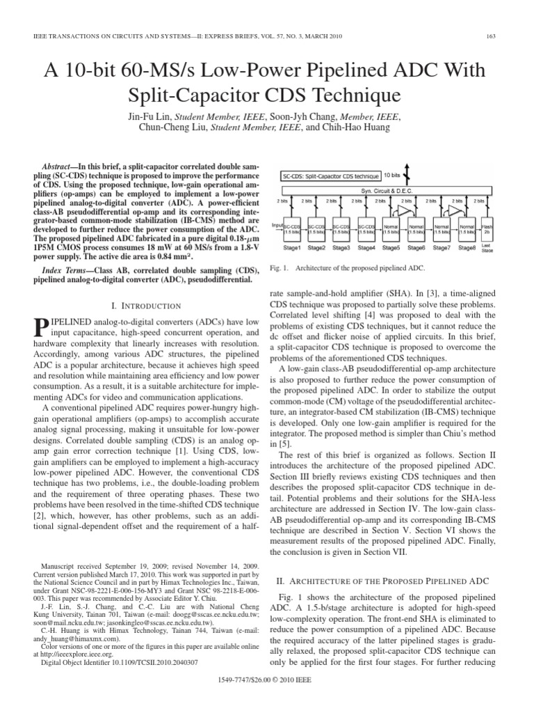 A 10-Bit 60-MSs Low-Power Pipelined ADC With Split-Capacitor CDS Technique-xBZ | PDF | Amplifier ...