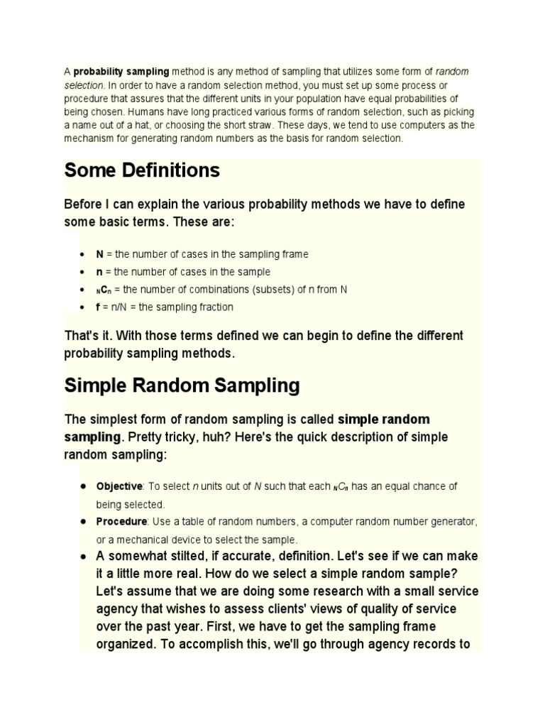 Some Definitions: Selection. in Order To Have A Random Selection Method ...