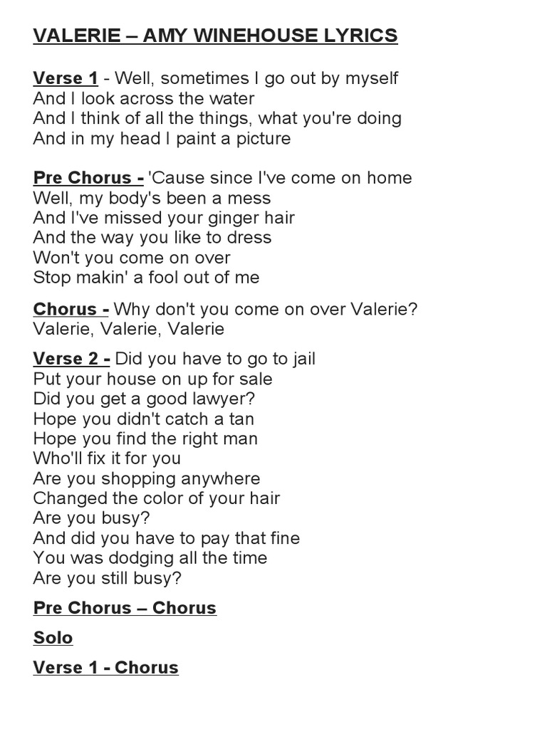 VALERIE - Lyrics - Amy Winehouse | PDF