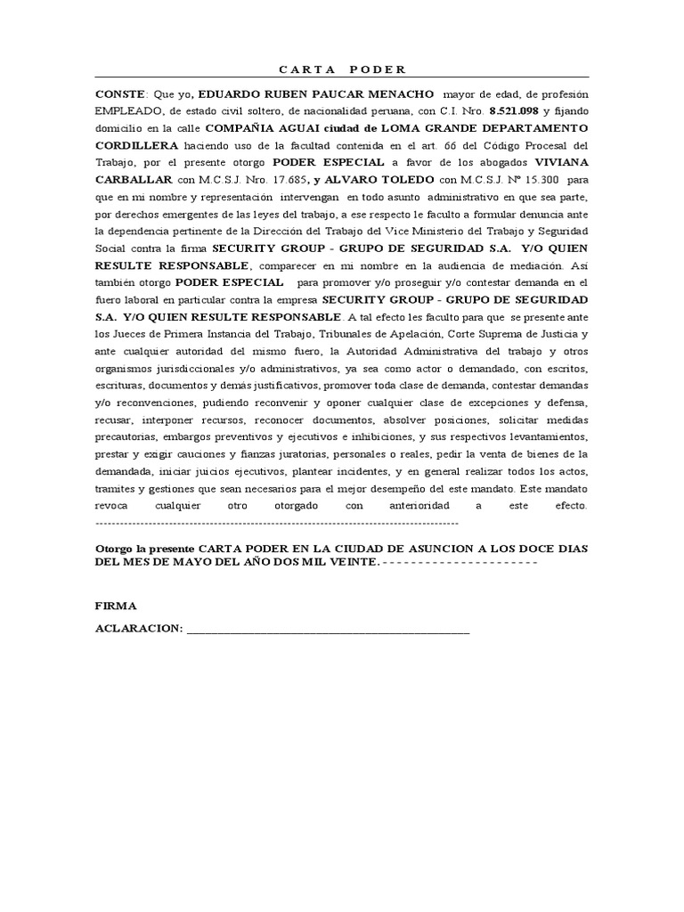 Carta Poder Laboral | PDF | Demanda judicial | Virtud