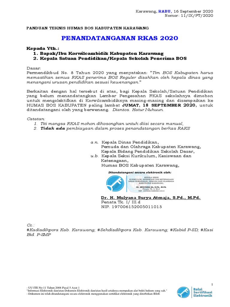 Panduan Teknis Kasi Kursis P-SD Ke-11 Tentang TANDA TANGAN RKAS 2020 - Sign | PDF