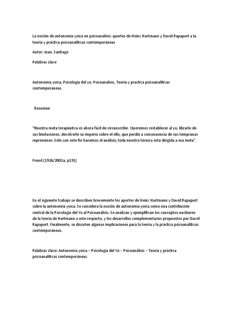 Autonomía Yoica en Psicoanálisis Hartmann | PDF | Psicología del ego ...