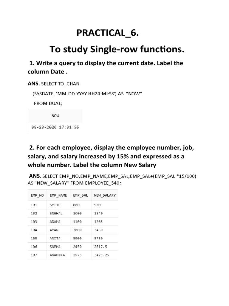Practical - 6. To Study Single-Row Functions.: 1. Write A Query To ...