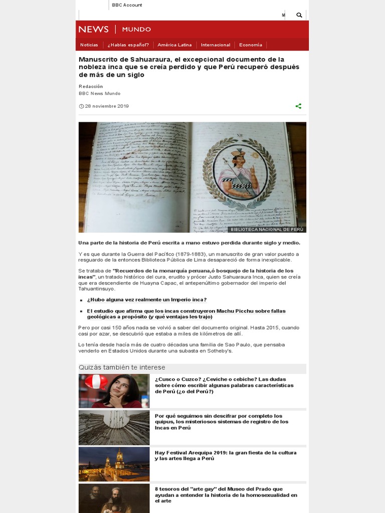 Manuscrito de Sahuaraura, El Excepcional Documento de La Nobleza Inca ...