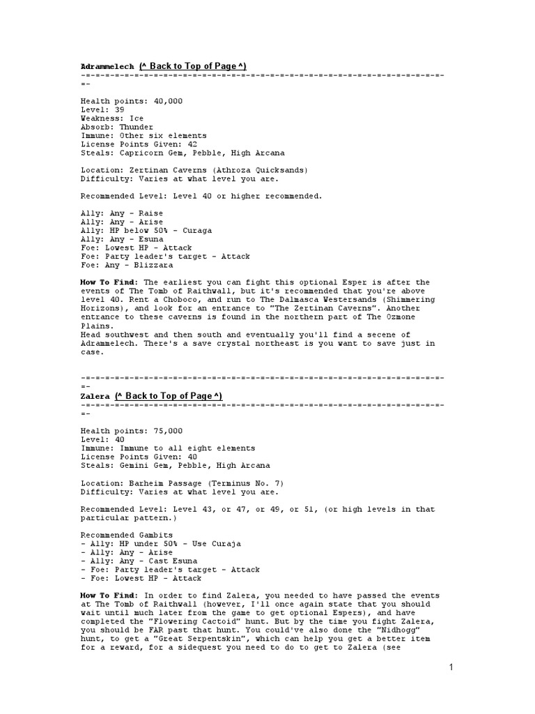 FF12 Esper Locations Guide | PDF | Leisure