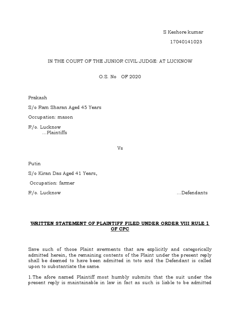 Written Statement of Plaintiff Filed Under Order Viii Rule 1 of CPC ...