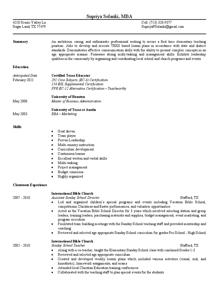 Supriya Solanki Resume 2020 Teacher Version | PDF | Retail | Sap Se