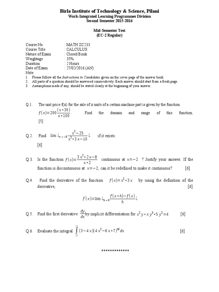 Math ZC233 Ec-2r Second Sem 2015-2016 | PDF | Derivative | Function ...