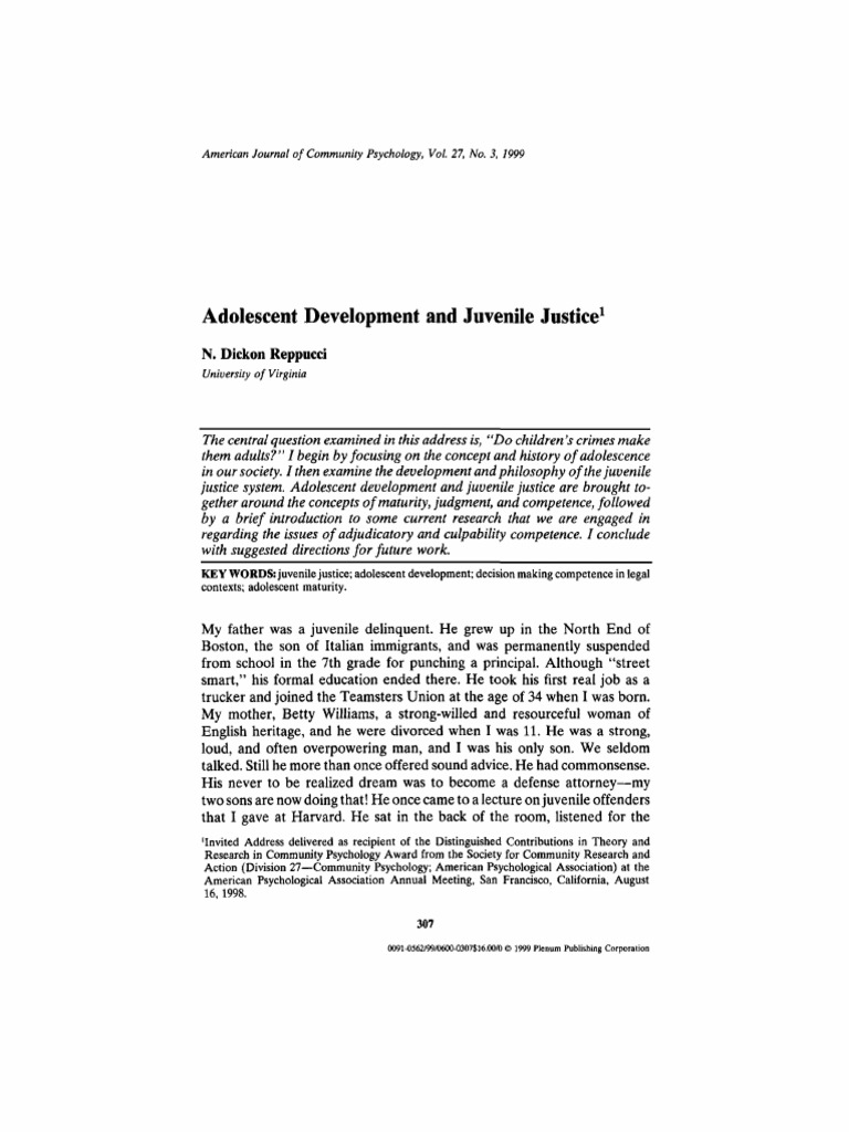 Adolescent Development and Juvenile Justice: N. Dickon Reppucci | PDF ...