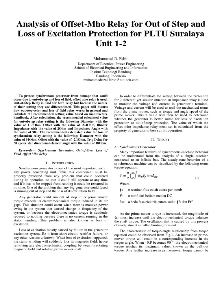 Analysis of Offset-Mho Relay For Out of Step and Loss of Excitation ...