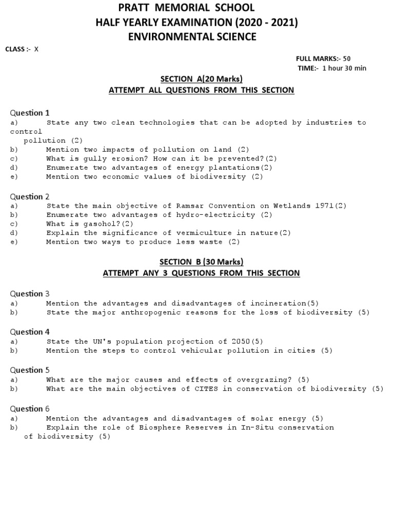 Environmental Science Exam for Class X | PDF