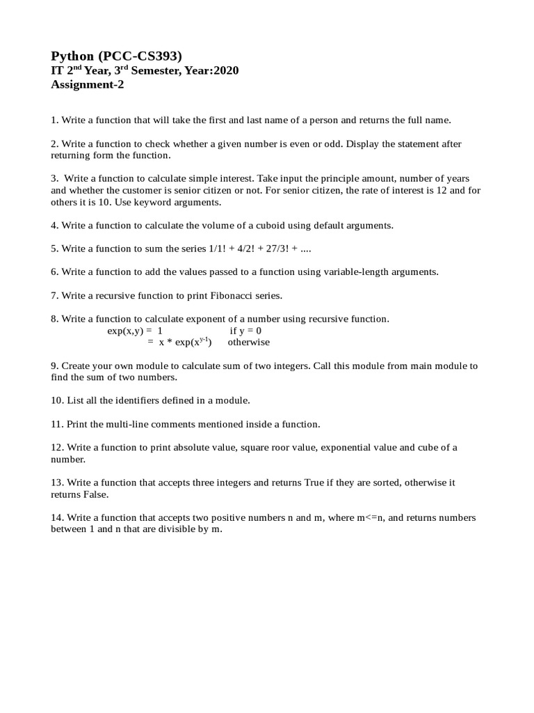 Python (PCC-CS393) : IT2 Year, 3 Semester, Year:2020 Assignment-2 | PDF
