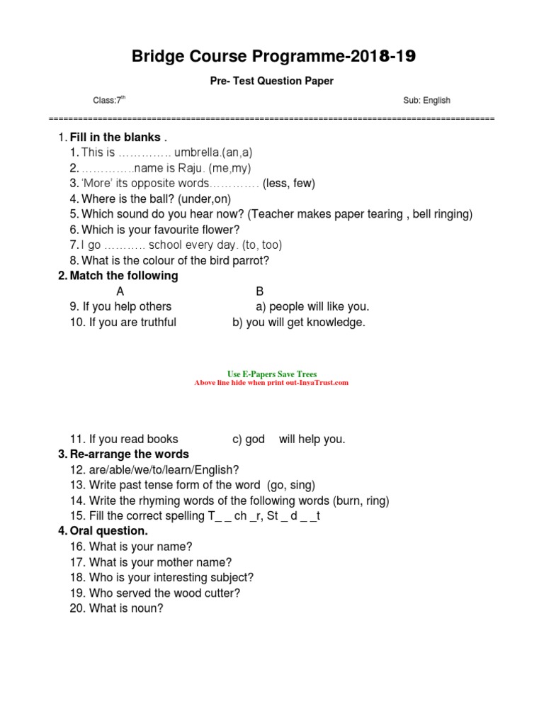 Bridge Course Programme-201: Pre-Test Question Paper | PDF