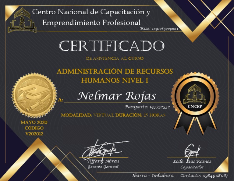 Certificado RRHH Nivel 1 Nelmar Rojas | PDF
