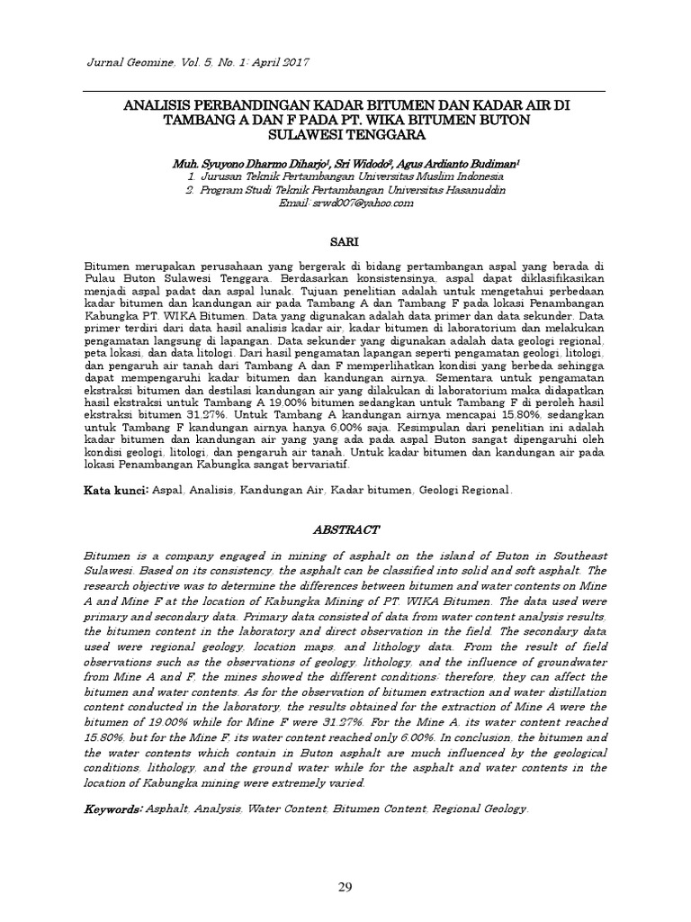 Analisis Perbandingan Kadar Bitumen Dan Kadar Air Tambang A Dan F Pada Pt. Wika | PDF