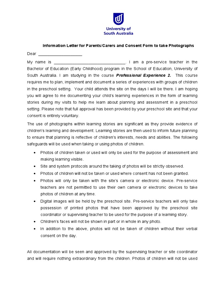 Parent Information Letter and Consent Form To Take Photographs | PDF ...