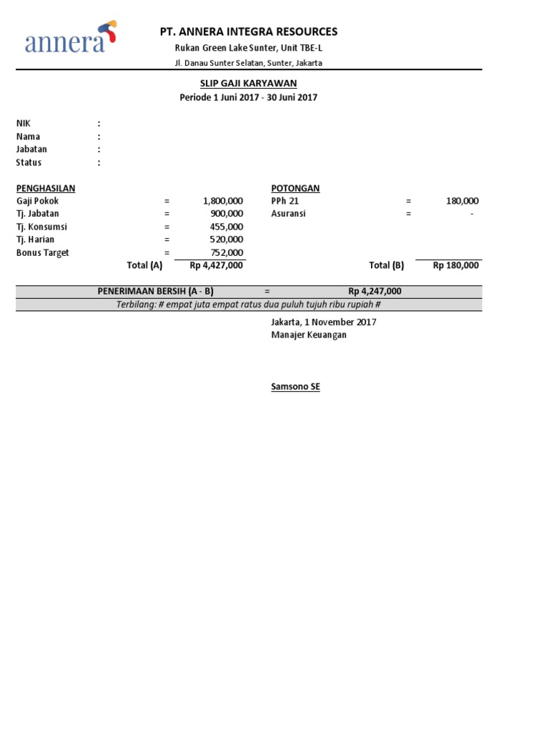 Slip Gaji Karyawan PT. Annera Integra | PDF