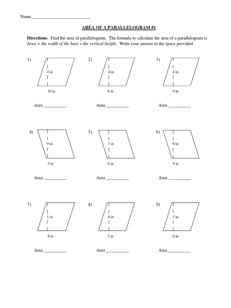 Area of Parallelogram Worksheet | PDF