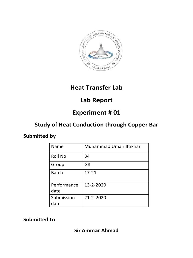Heat Transfer Lab Lab Report Experiment # 01: Study of Heat Conduction ...