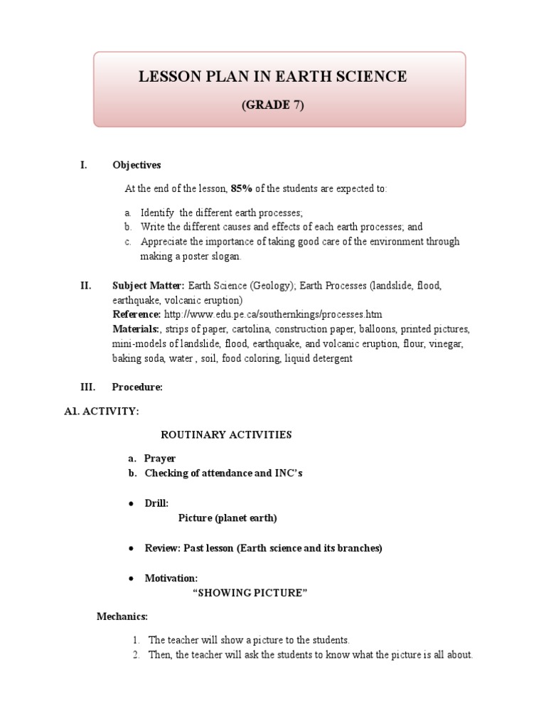 Lesson Plan in Earth Science: (GRADE 7) | PDF | Volcano | Earth