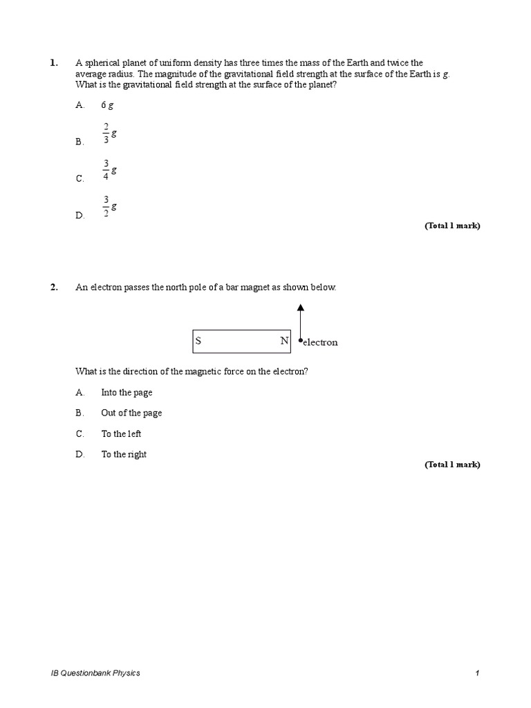 (Total 1 Mark) : IB Questionbank Physics 1 | PDF | Electron | Electric ...
