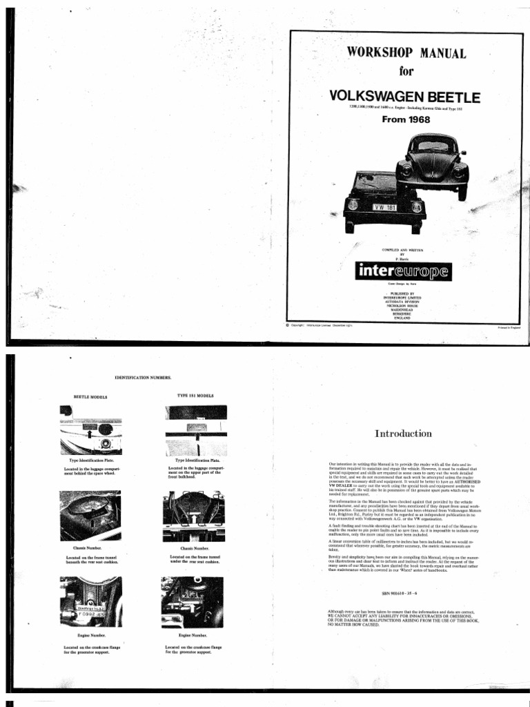 Workshop Manual For Volkswagen Beetle From 1968 Intereurope Limited 72 ...