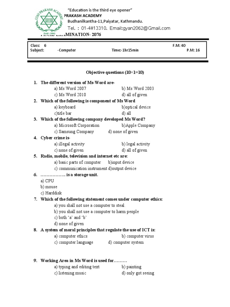 Class: 6 F.M: 40 Subject: - Computer Time:-1hr15min P.M: 16 | PDF ...