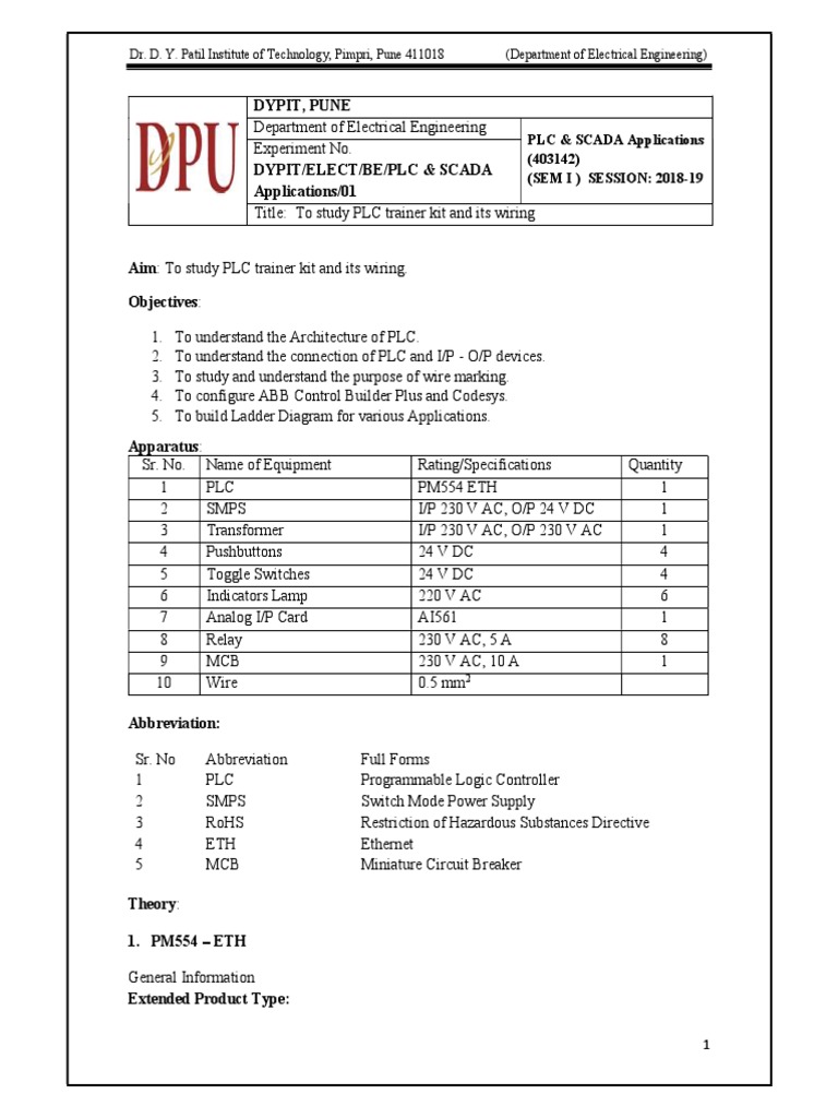 Experiment No. 1 - To Study PLC Trainer Kit | PDF | Programmable Logic Controller | Electrical ...