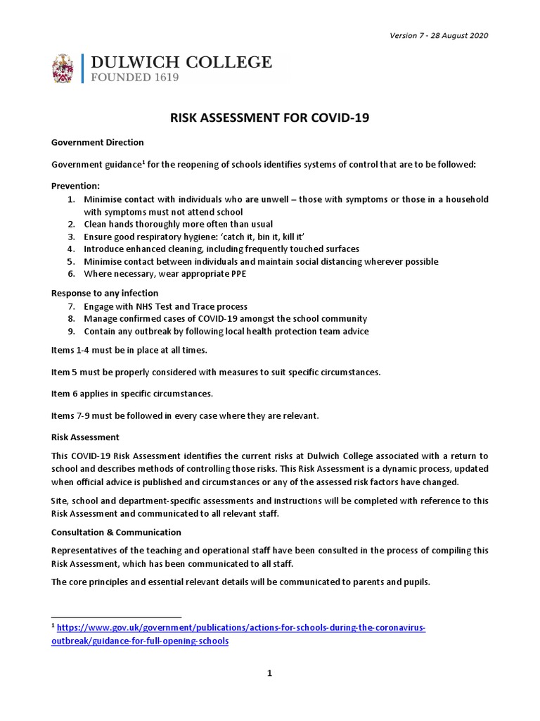 Risk Assessment For COVID-19 | PDF | Hygiene | Risk