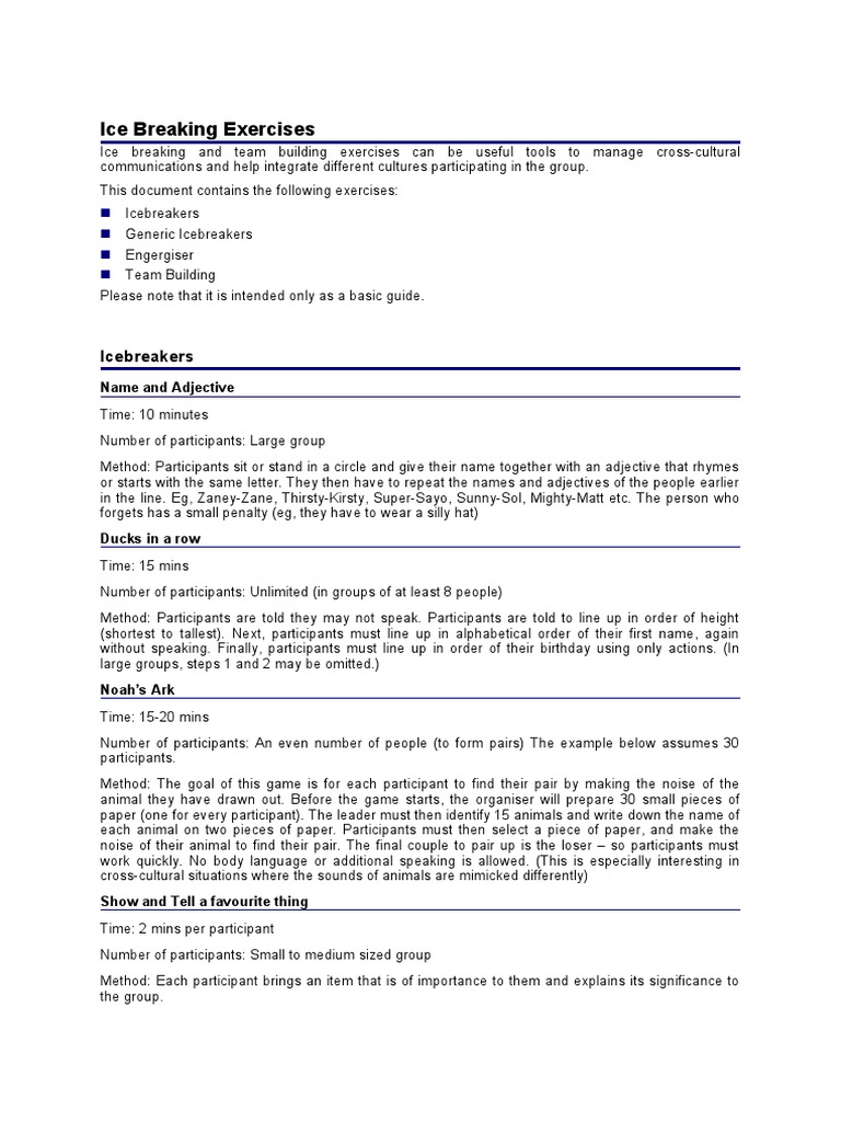 Ice Breaking Exercises | PDF | Elephant | Clock