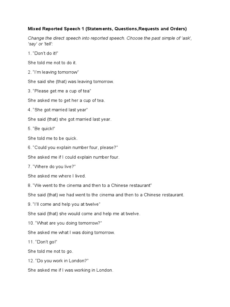 Change The Direct Speech Into Reported Speech. Choose The Past Simple ...