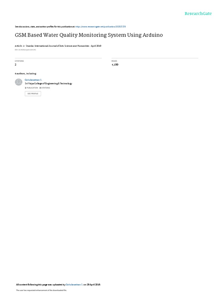 GSM Based Water Quality Monitoring System Using Arduino | PDF | Ph | Sensor
