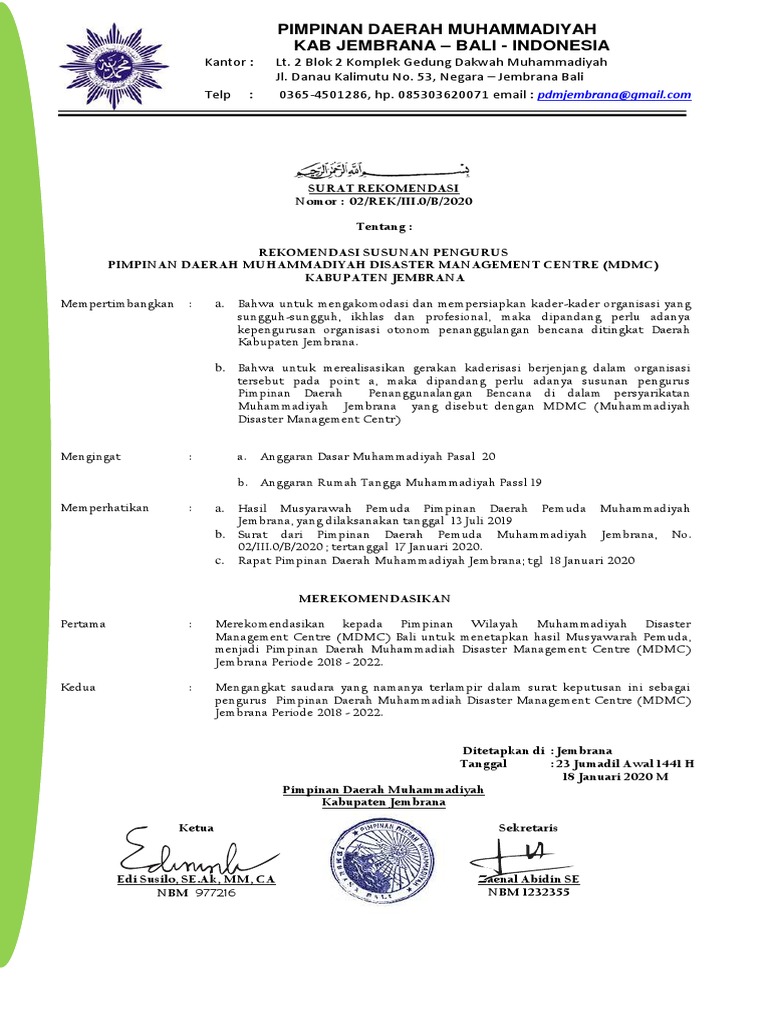 Rekomendasi Susunan Pengurus MDMC Jembrana | PDF
