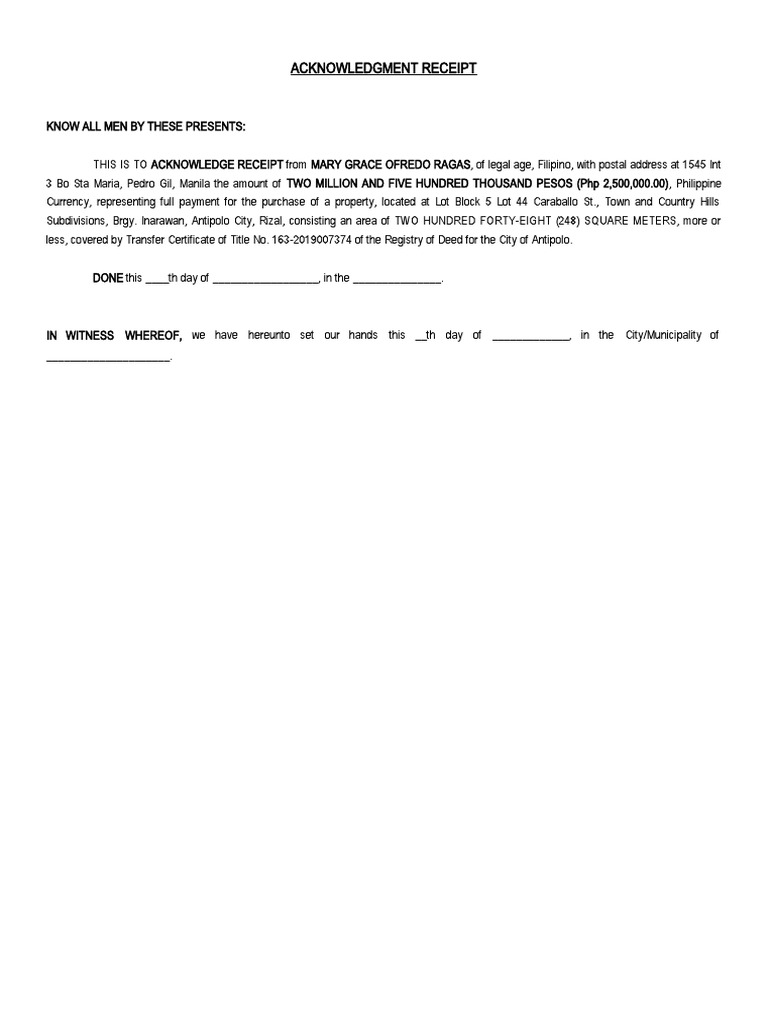 Acknowledgment Receipt | PDF | Economy Of The Philippines | Civil Law ...