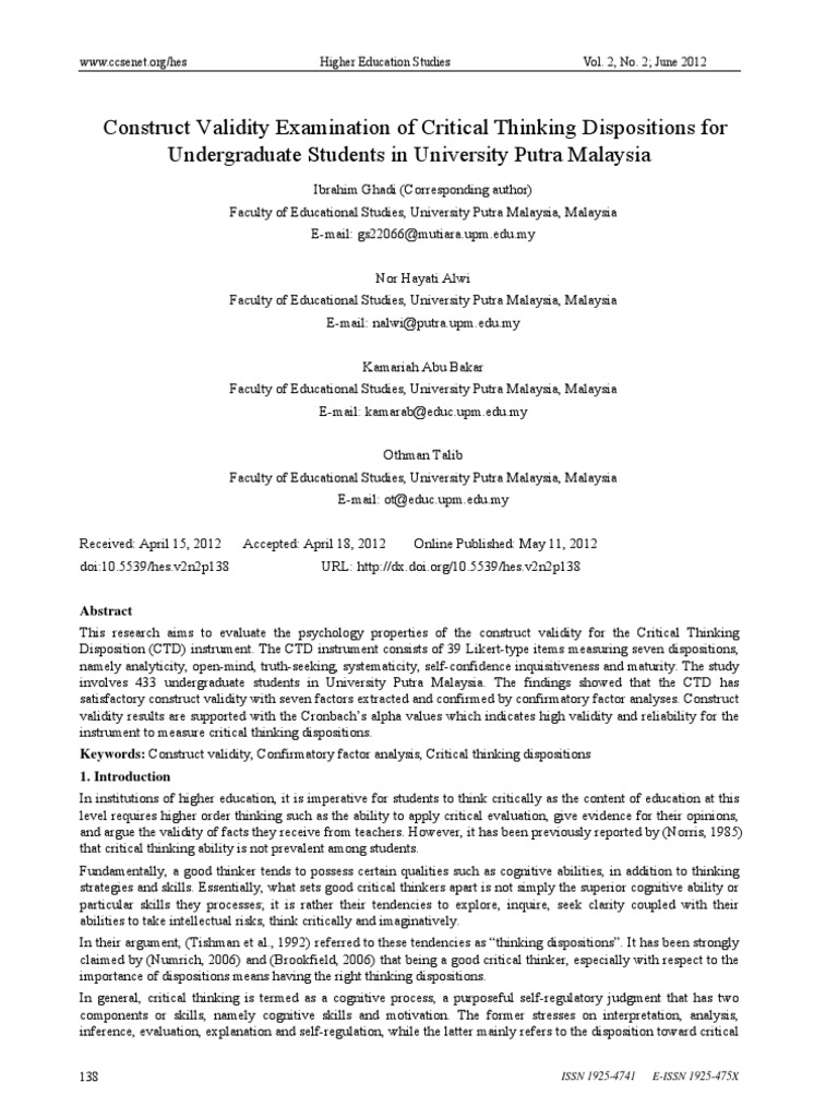 Construct Validity of Critical Thinking Instrument | PDF | Factor Analysis | Critical Thinking