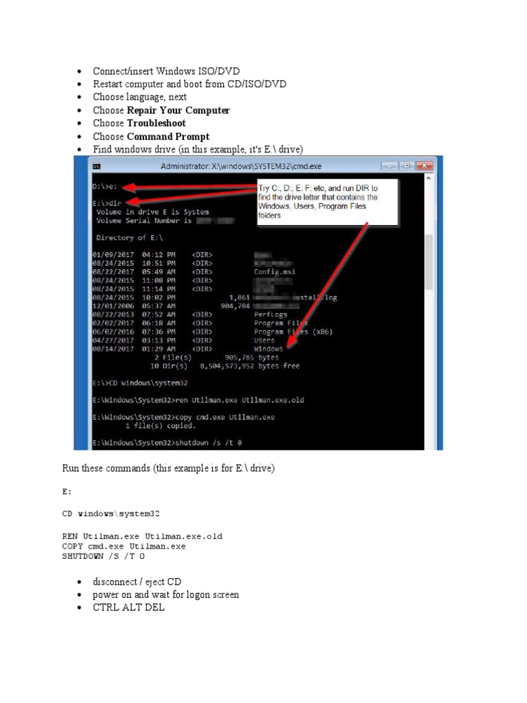 E: CD Windows/system32 REN Utilman - Exe Utilman - Exe.old COPY CMD ...